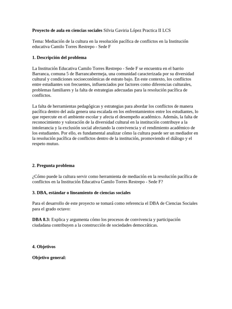 Proyecto de Aula en Ciencias Sociales Silvia Gaviria López Practica II ...