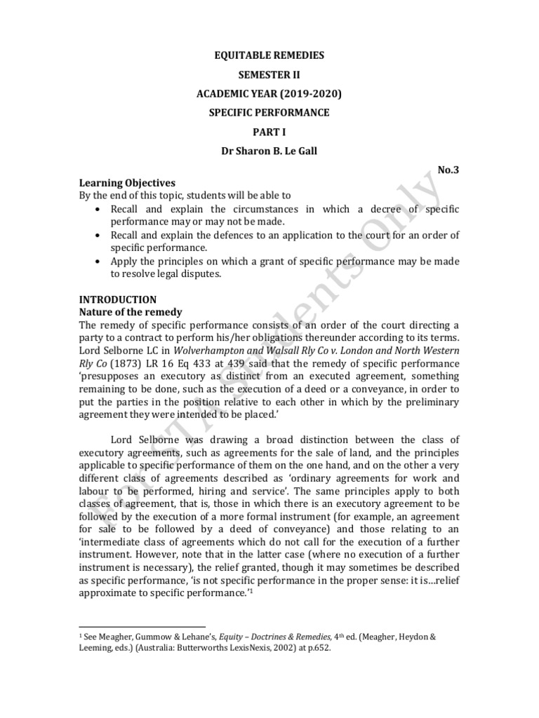 Specific Performance in Equitable Remedies | PDF | Specific Performance ...