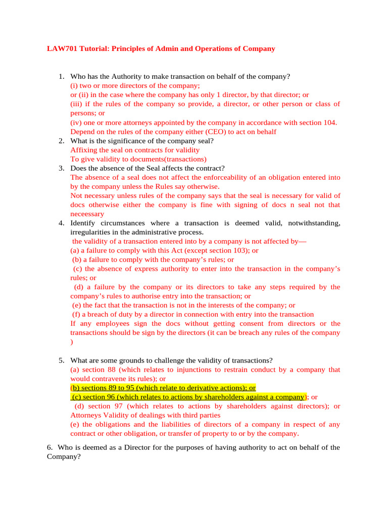 LAW701 Tutorial Admin and Operations of Company | PDF | Breach Of ...