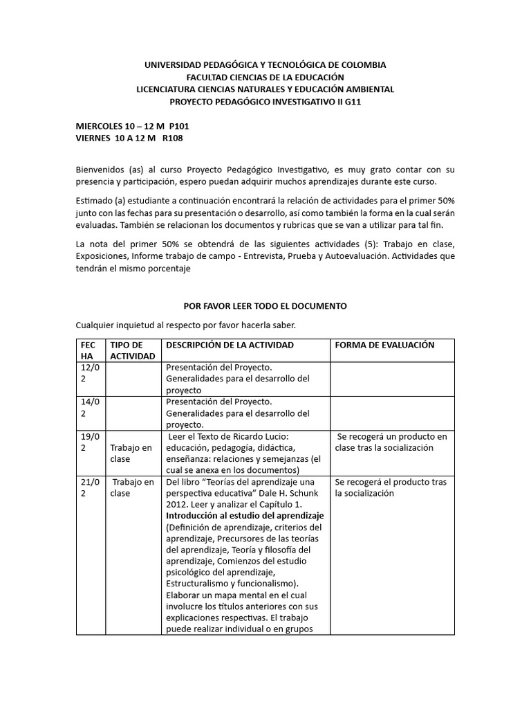 Proyecto pedagógico II G 11 actividades del primer 50% CON GRUPOS (2) | PDF | Aprendizaje ...