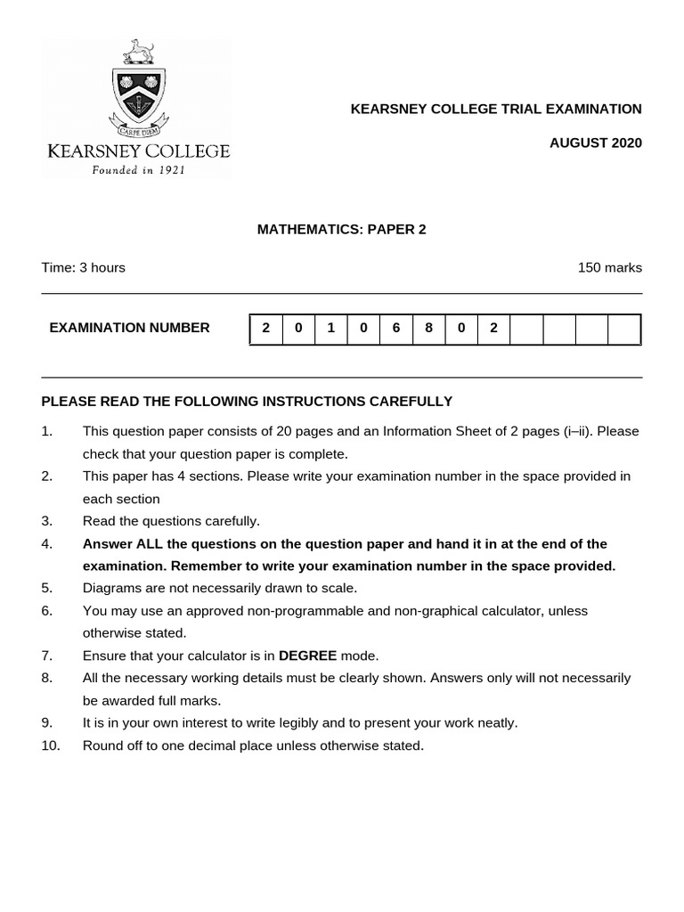 Grade 12 Trials Paper 2 2020 Final | PDF | Circle | Mathematics