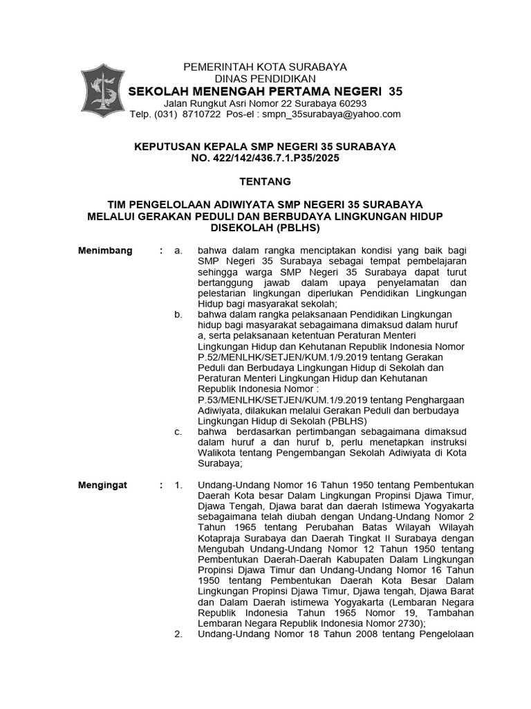 SK - Pengelolaan Adiwiyata PBLHS - 2025 | PDF