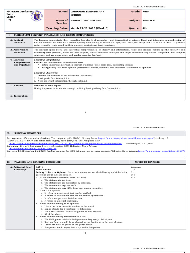 DLL Matatag - English 4 Q4 W6 | PDF | Malnutrition | Reading Comprehension