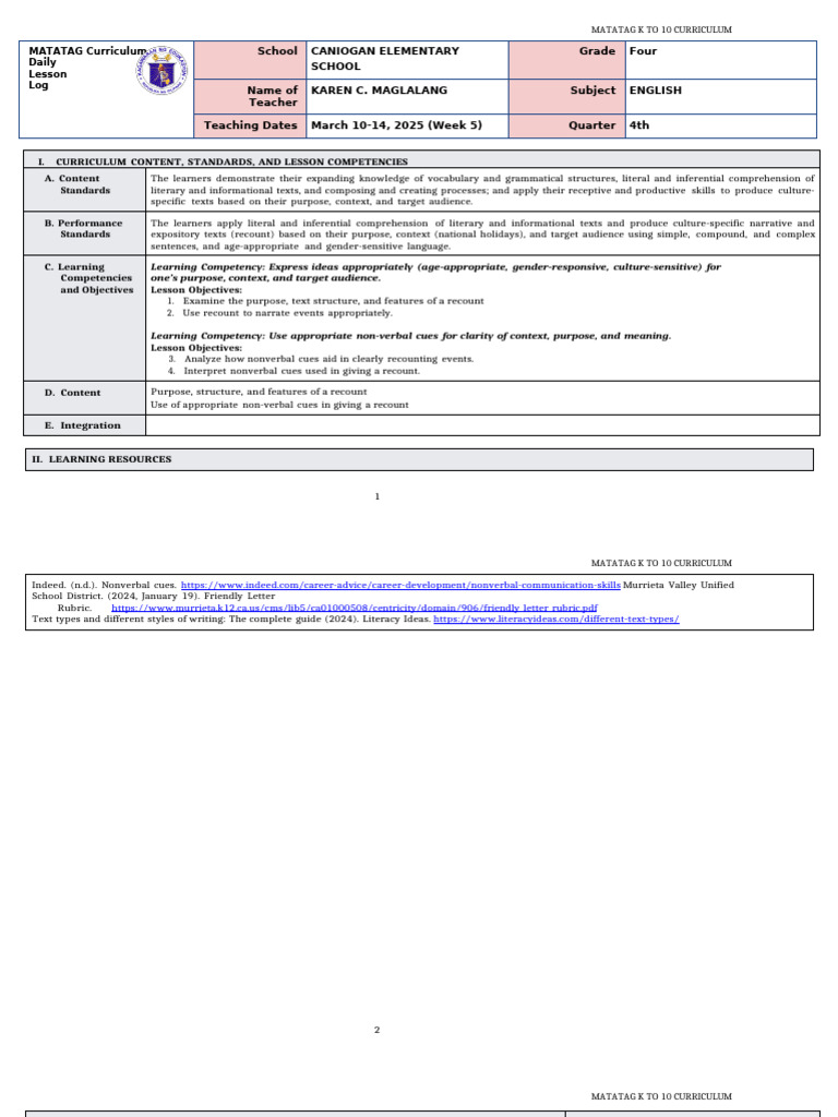 DLL Matatag - English 4 Q4 W5 | PDF | Nonverbal Communication | Curriculum