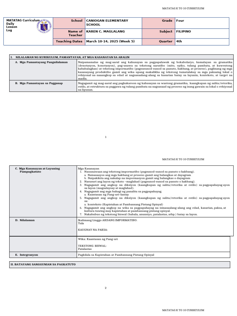 DLL Matatag - Filipino 4 Q4 W5 | PDF