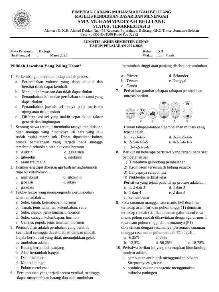 Soal SAS Biologi Genap 2024-2025 | PDF