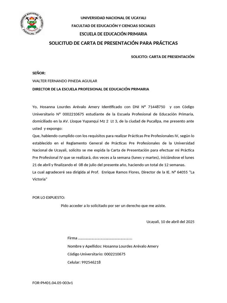 Solicitud Carta de Presentacion para PPP LA VICTORIA de Hosana | PDF
