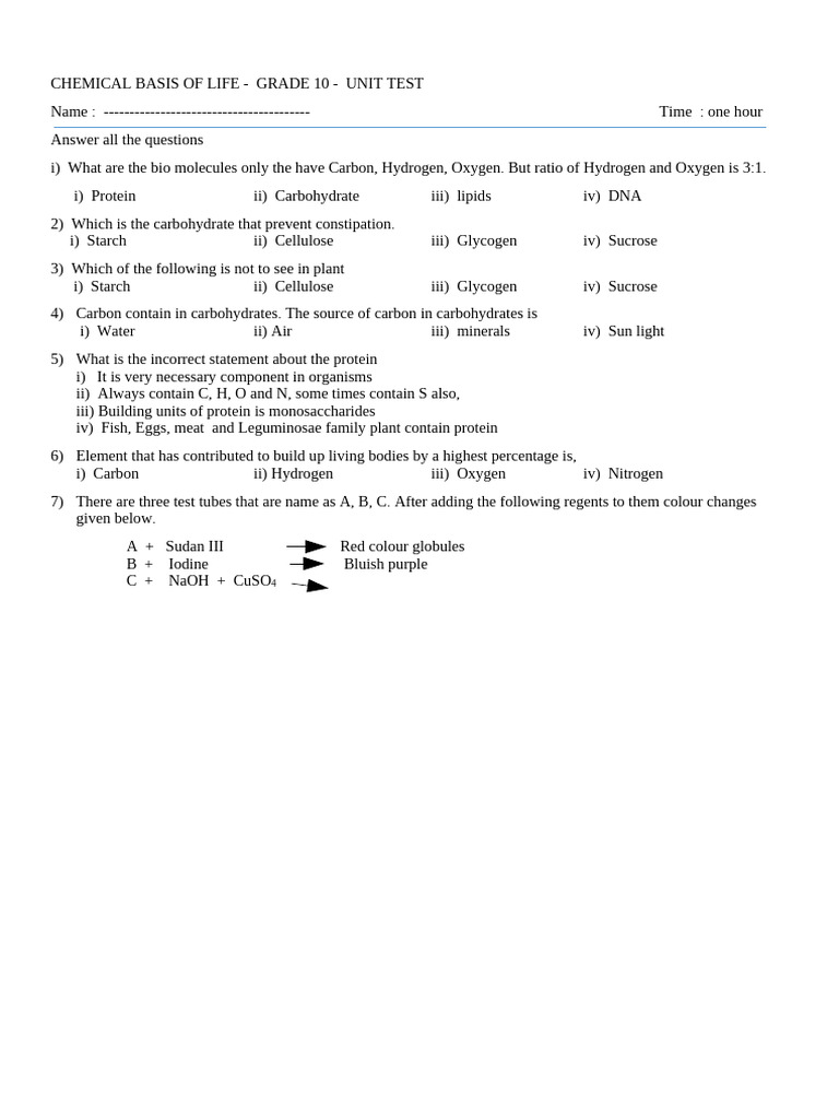 Grade 10 Unit Test - Chemical Basis of Life | PDF