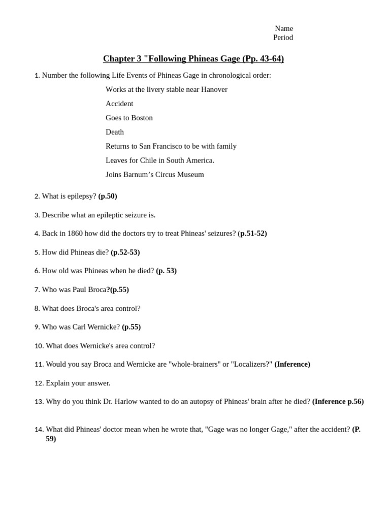 Phineas Gage Questions Chapter 3 | PDF
