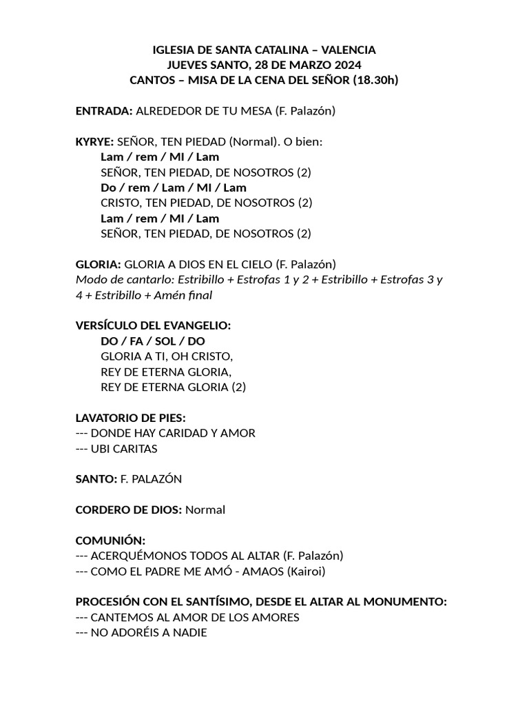 2024 03 28 Cantos Del Jueves Santo | PDF