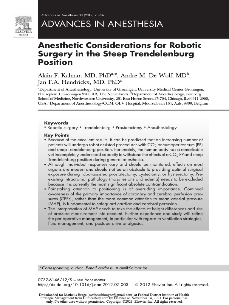Anesthetic Considerations for Robotic Surgery in the Steep ...