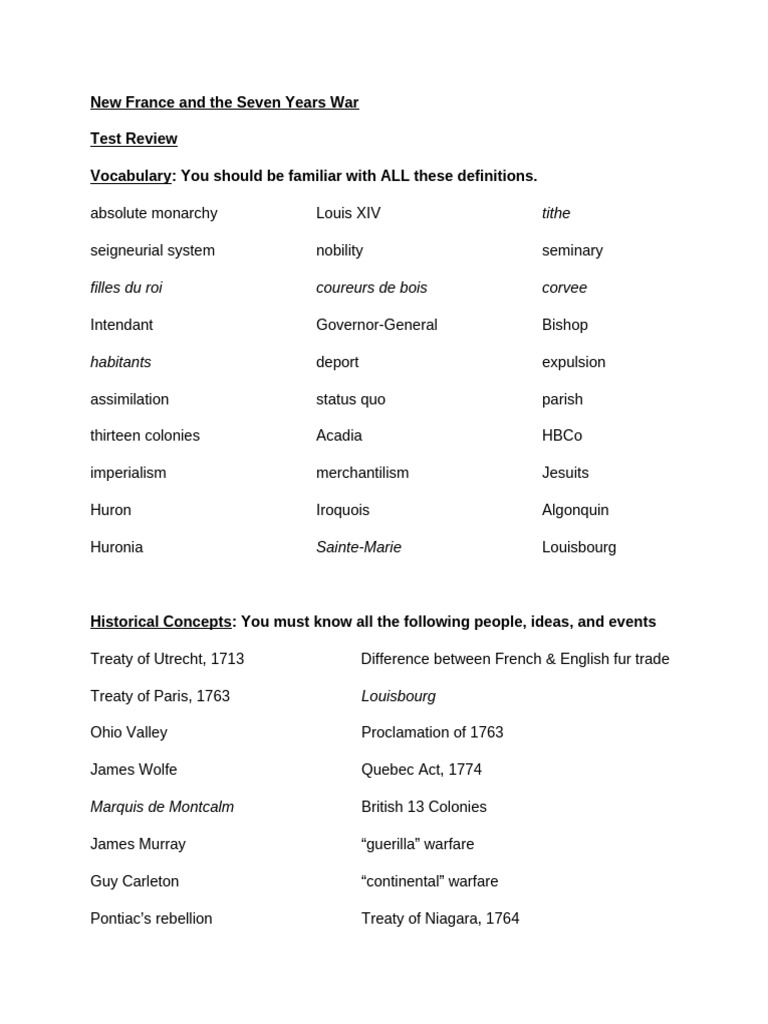 New France & Seven Years War Review | PDF | New France | Viceroyalties