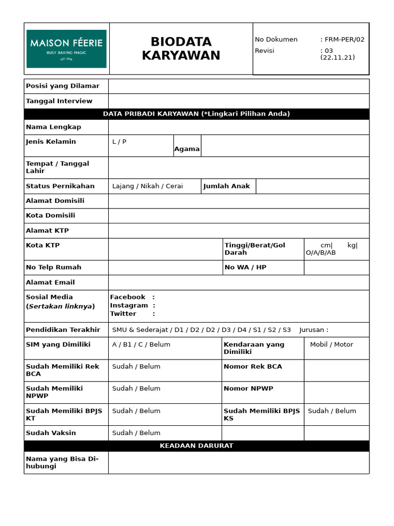 Formulir Biodata Karyawan Lengkap | PDF