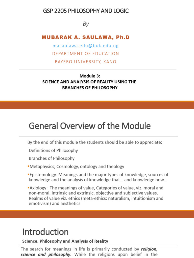 GSP 2205 PHILOSOPHY AND LOGIC Power Point Show by M. A. Saulawa | PDF | Ontology | Knowledge