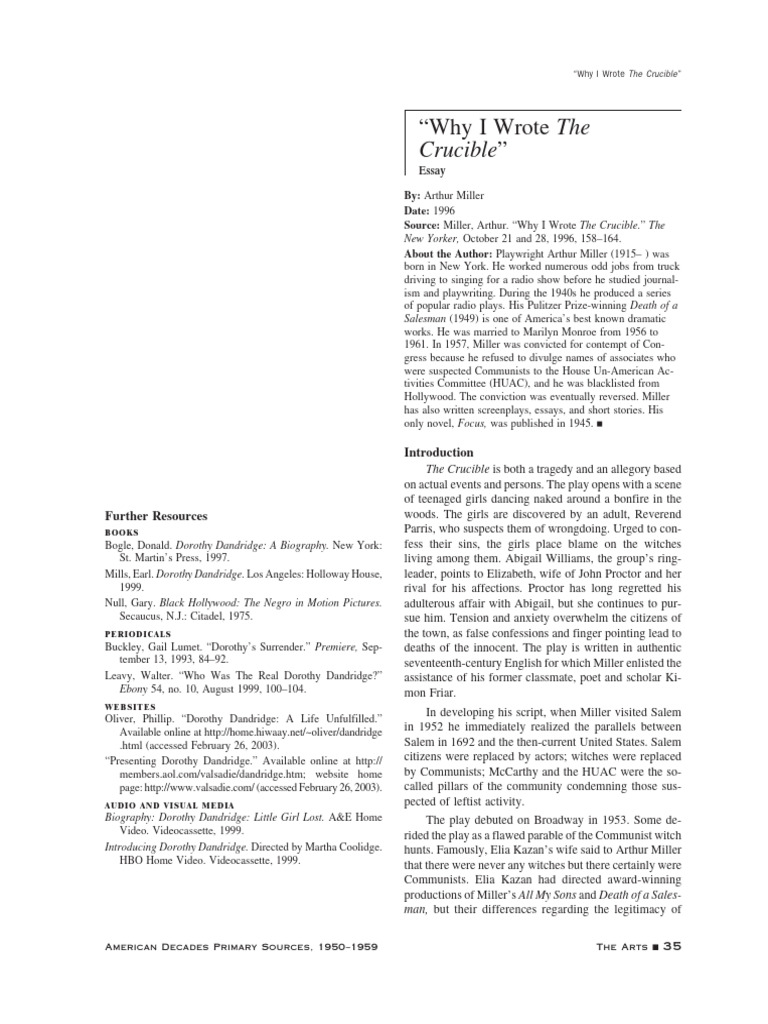 Why I Wrote The Crucible by Arthur Miller | PDF