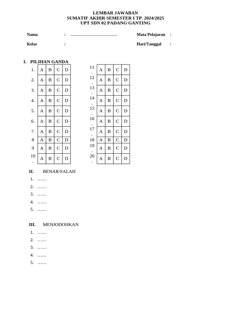 Lembar Jawaban P.seni Kelas 6 | PDF