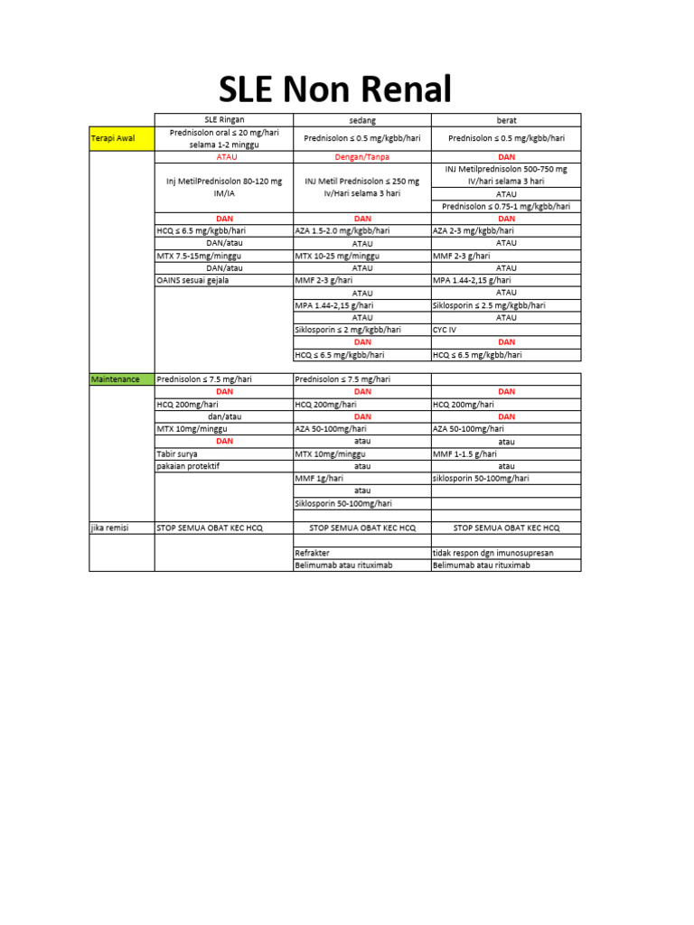 TERAPI SLE NON RENAL (TABEL BY HANIF) (2) | PDF
