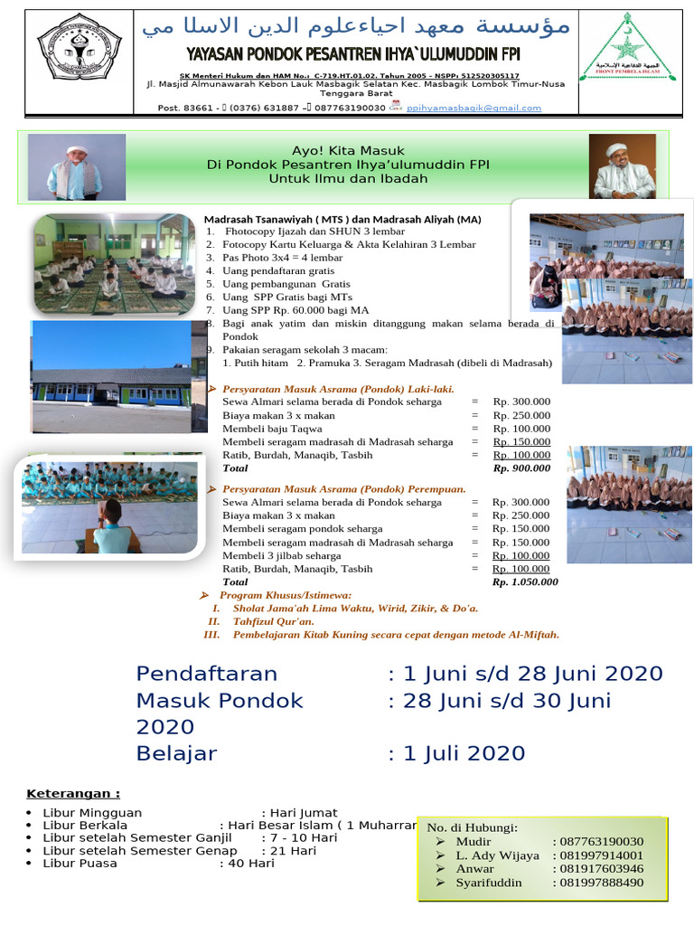Biaya Masuk Pondok Pesantren Al Ihya | PDF
