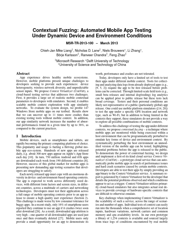 Contextual Fuzzing for Mobile App Testing | PDF | Mobile App | Computing