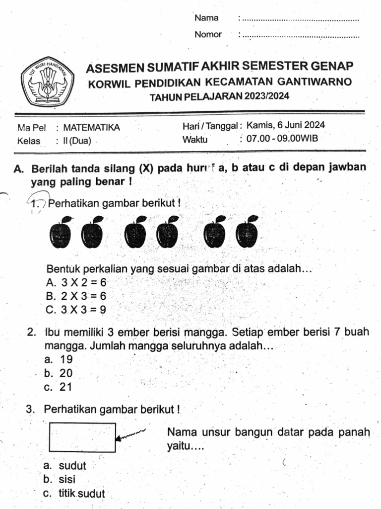 Kelas 2 UTS MTK Sem 2 2024 | PDF