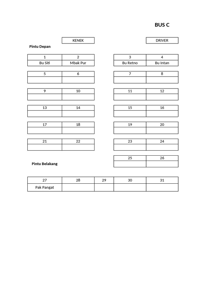 MEDIUM BUS C - Denah-tempat Duduk-study Tour-SMP 3 Ngawen | PDF