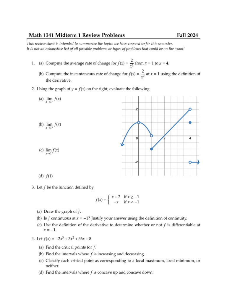 1341_midterm_1_review_problems | PDF | Derivative | Tangent