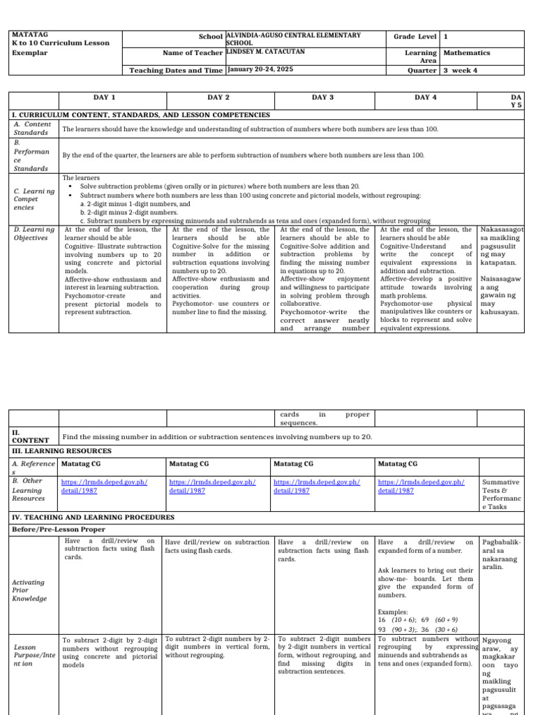 DLL Math-1 Q3 Week-4 v.1 | PDF | Subtraction | Numbers