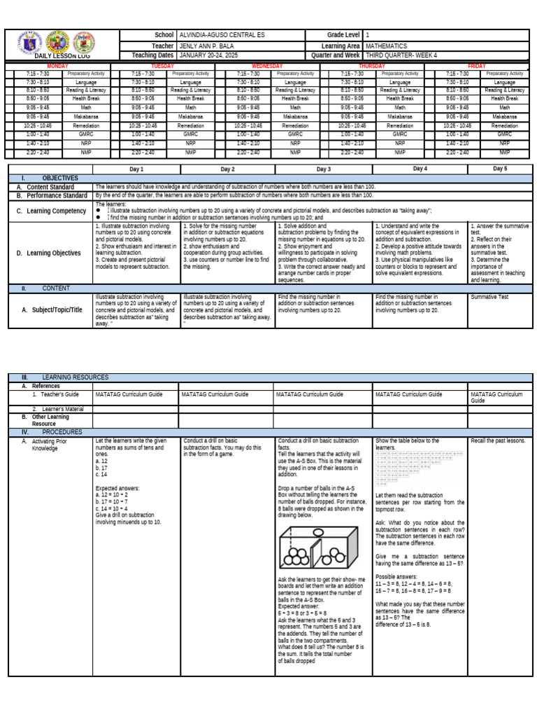 DLL Week4 Math | PDF | Subtraction | Behavior Modification