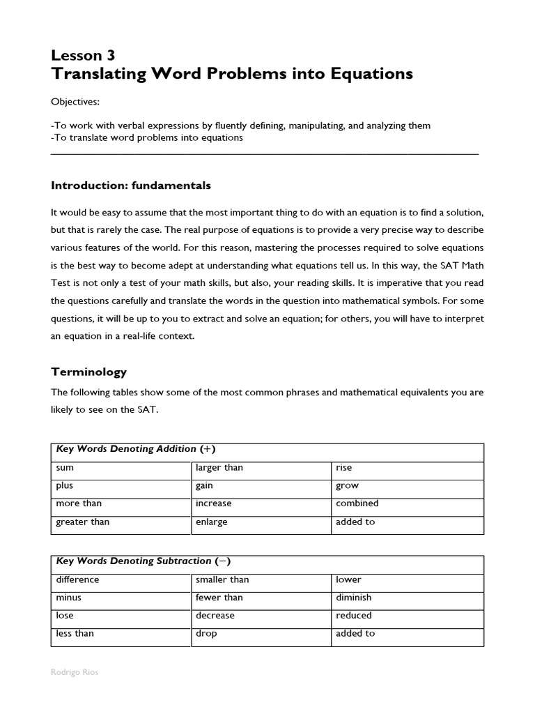 Lesson 3 - Translating Word Problems Into Equations (ALG 3) | PDF ...