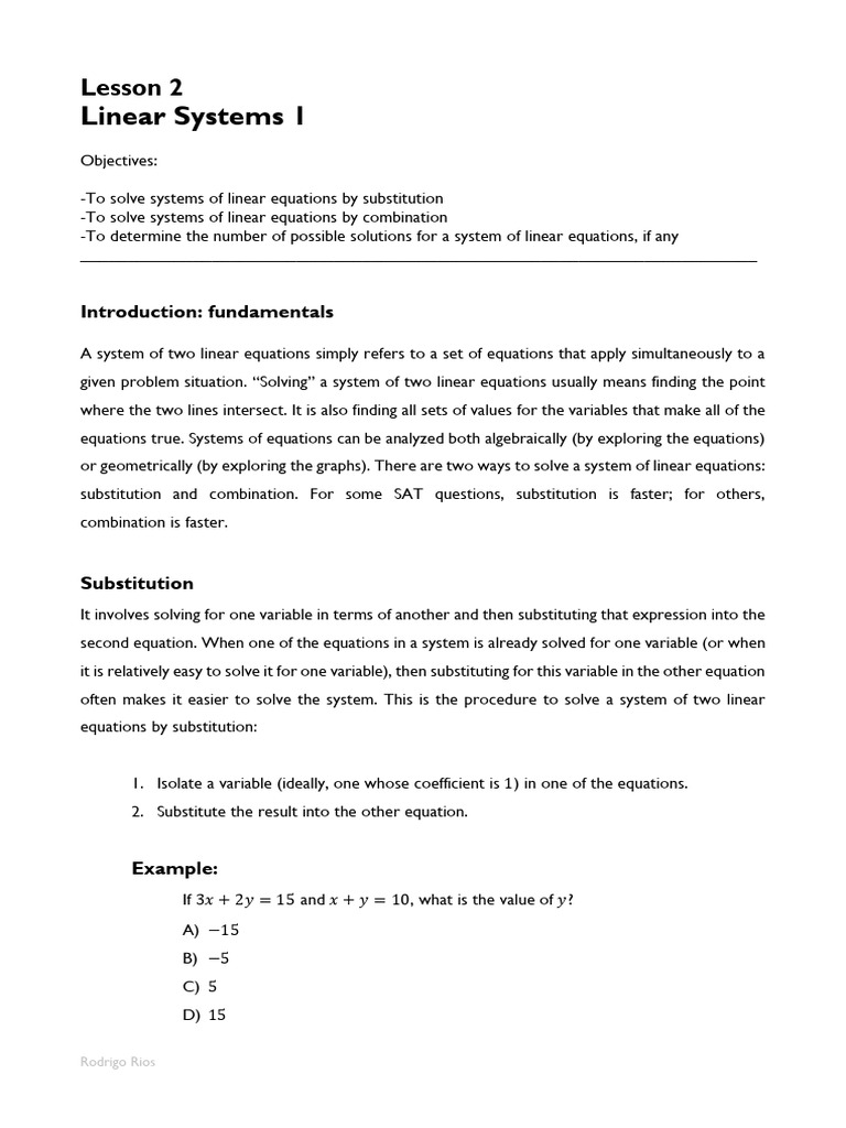 Lesson 2 - Linear Systems 1 (ALG 2) | PDF | Equations | System Of Linear Equations