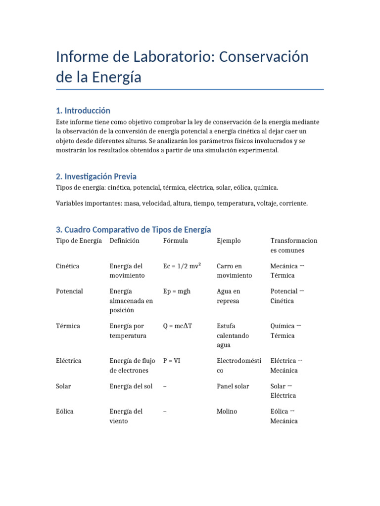 Informe Laboratorio Conservacion Energia | PDF | Ingenieria Eléctrica | Energía cinética