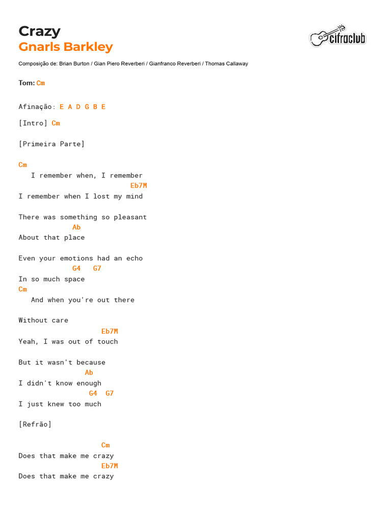 Gnarls Barkley - Crazy Chords & Lyrics | PDF | Sound Recording