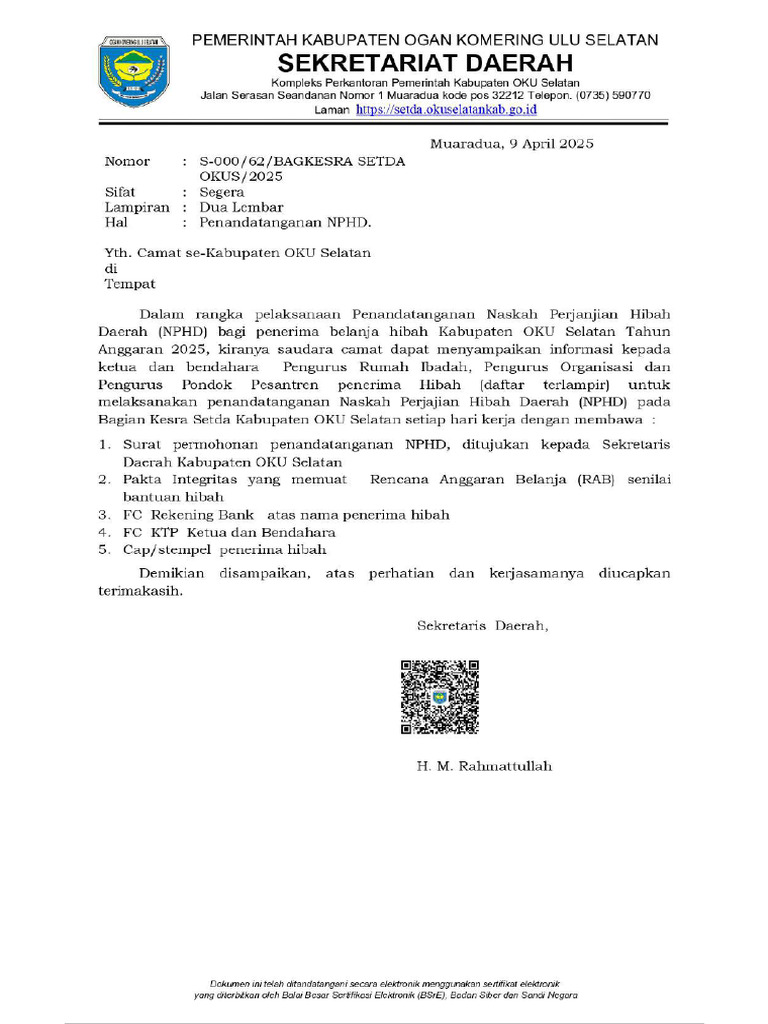 Surat Pemanggilan TTD NPHD Camat | PDF