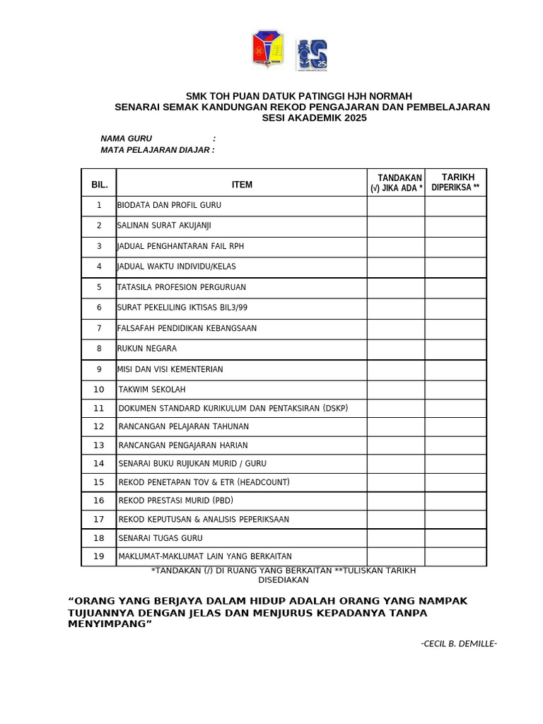 SENARAI SEMAK KANDUNGAN FAIL RPH 2025 | PDF