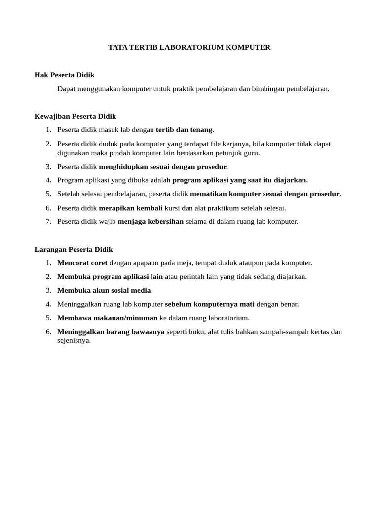 Contoh Tata Tertib Laboratorium Komputer | PDF