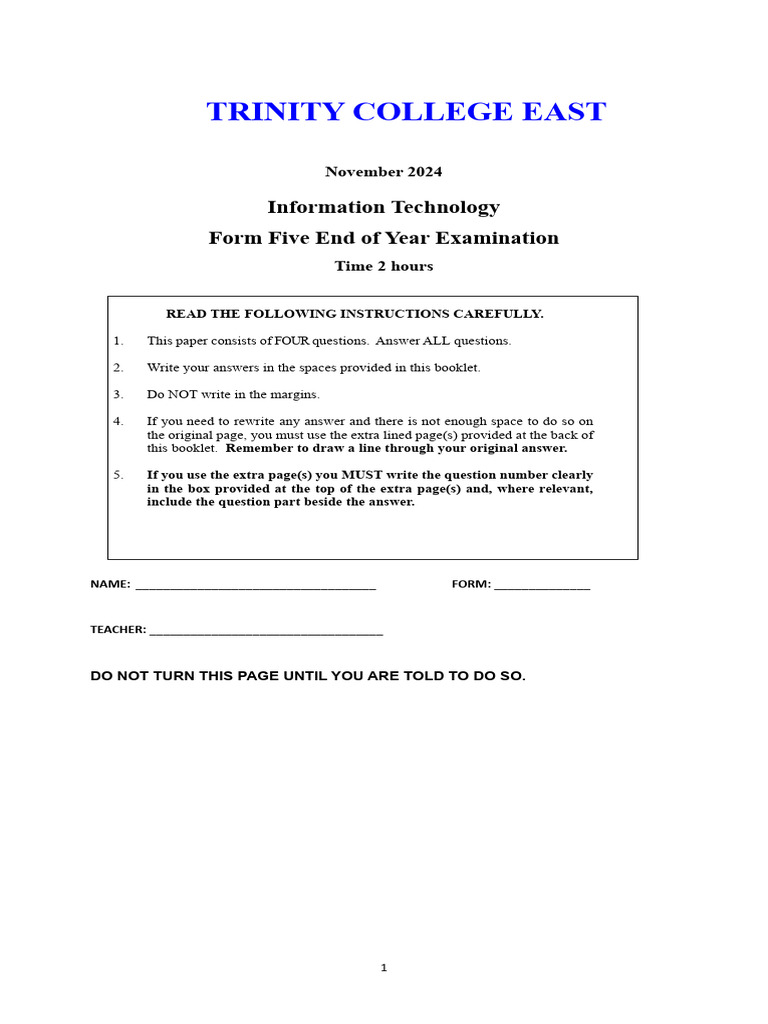 Form Five IT Exam Paper 2024 | PDF | Computer Network | Computer Security