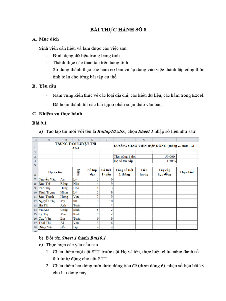 Bai Thuc Hanh So 8-9 - Excel | PDF