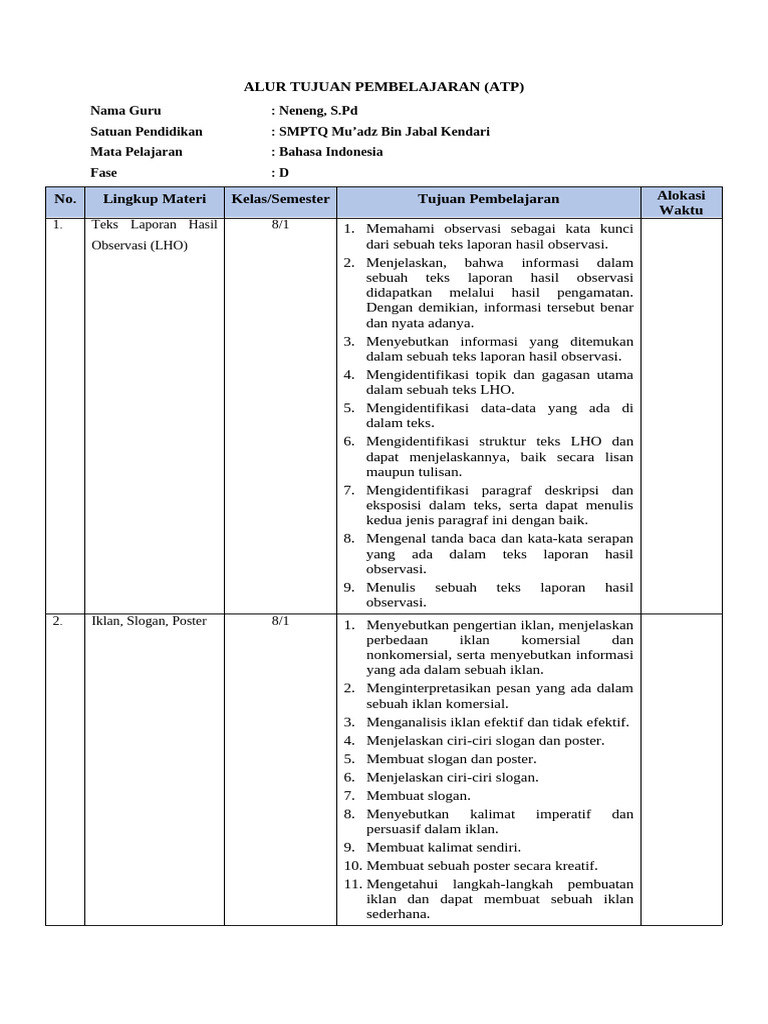 ALUR TUJUAN PEMBELAJARAN BINDO 8 | PDF