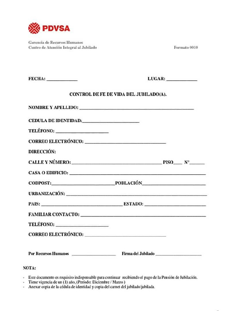 control de vida jubilado pdvsa | PDF
