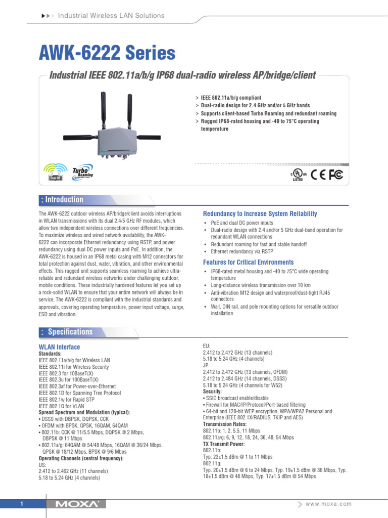 Moxa Awk 6222 Series Datasheet v1.0 | PDF | Ieee 802.11 | Wireless Lan