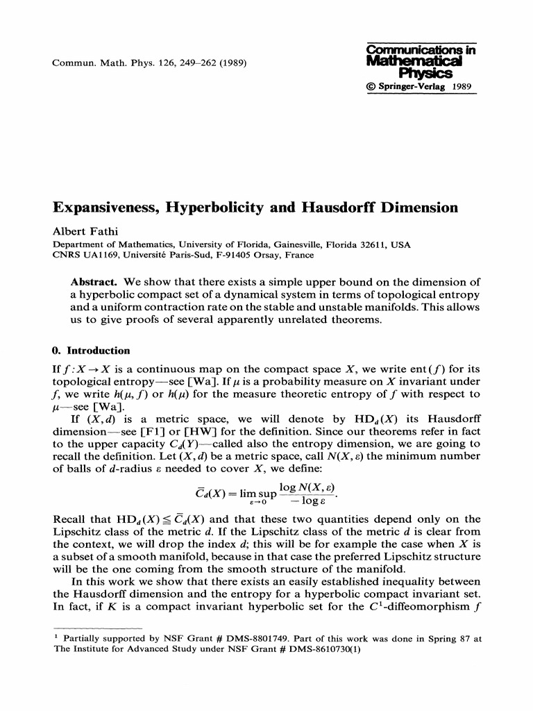 1989 - Expansiveness, Hyperbolicity and Hausdorff Dimension | PDF | Topology | Manifold