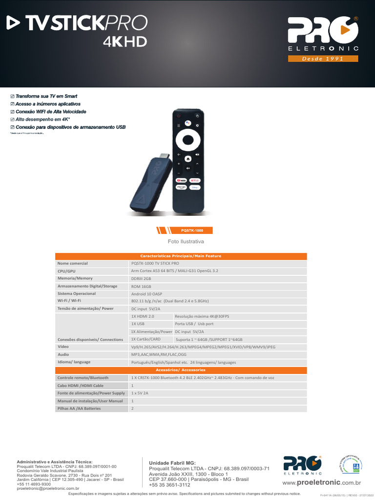 Prosk-1000: TV Stick 4K e Especificações | PDF | Eletrônicos | Hardware ...