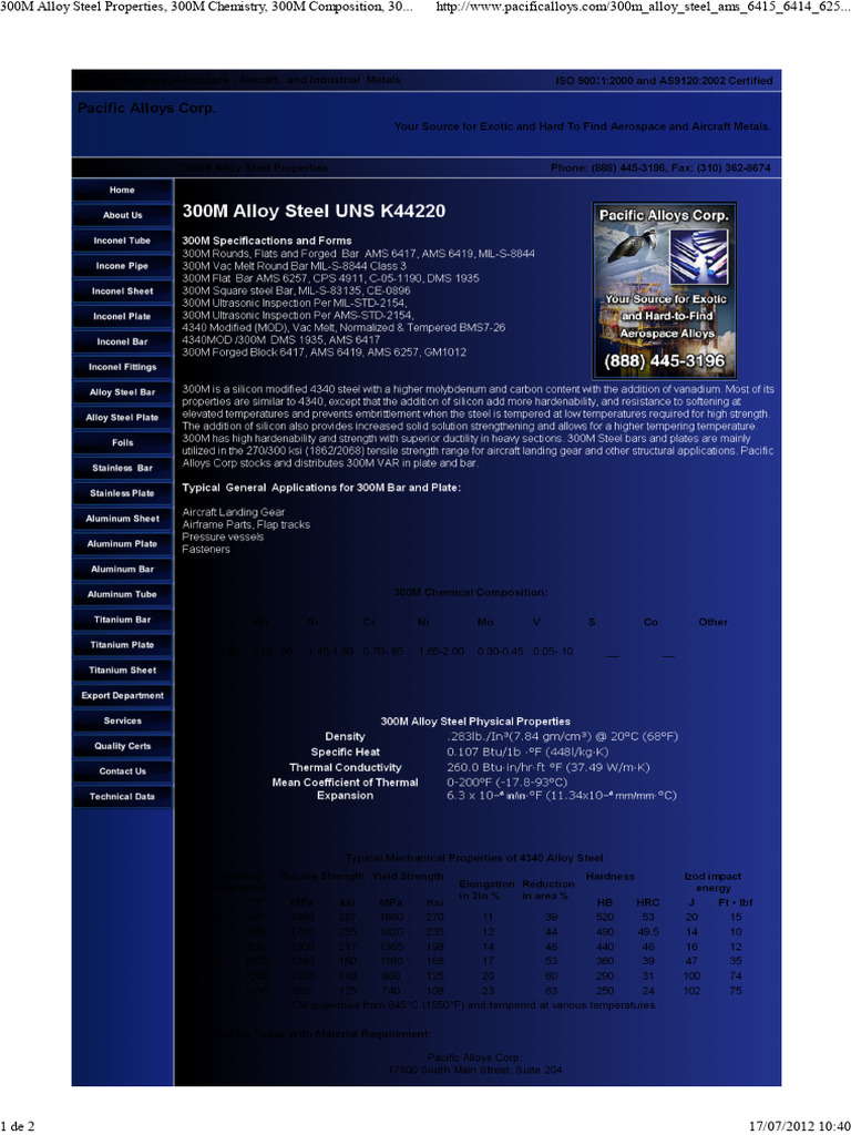 9-300M Alloy Steel Properties, 300M Chemistry, 300M Composition, 300M ...