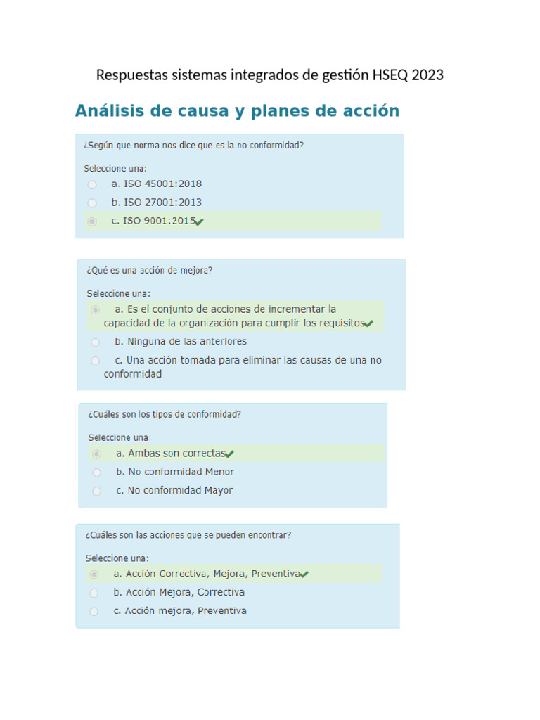 Respuestas Sistemas Integrados de Gestión HSEQ 2023 .. (1) ..... | PDF