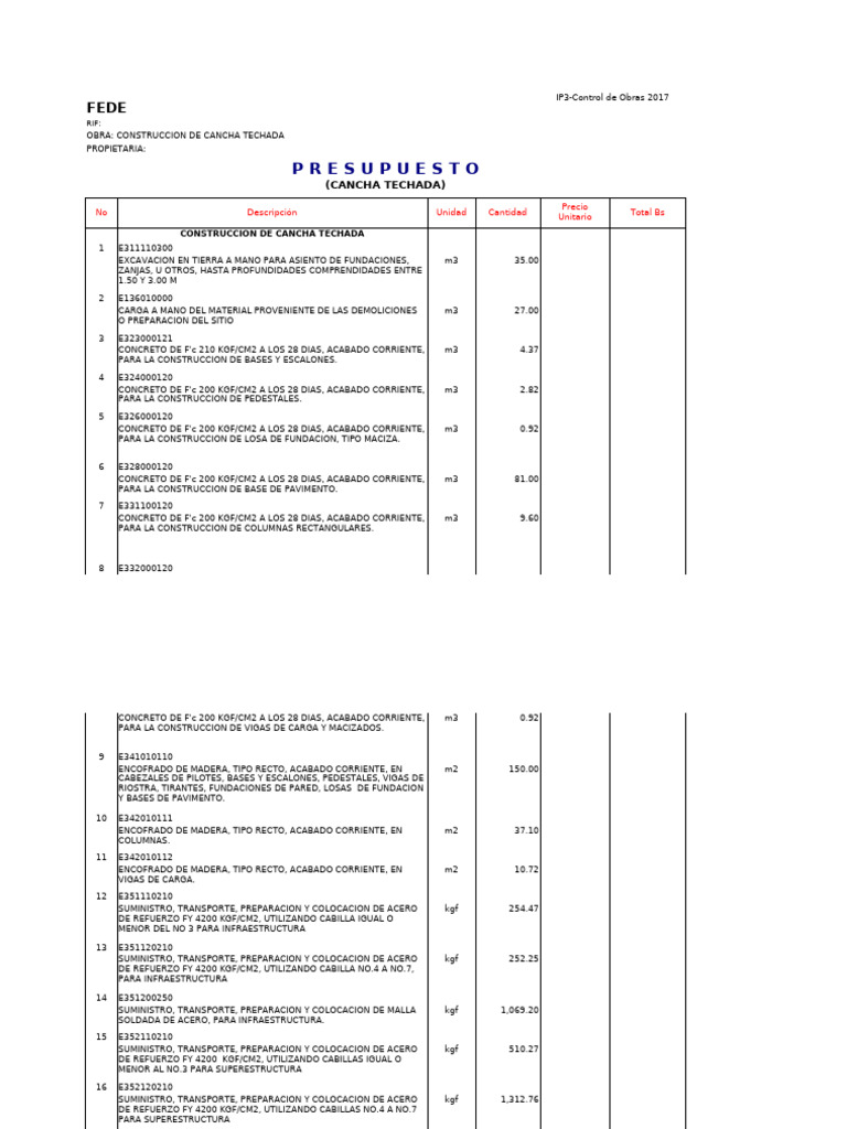 Presupuesto para Cancha Techada | PDF | Acero | Ingeniería mecánica