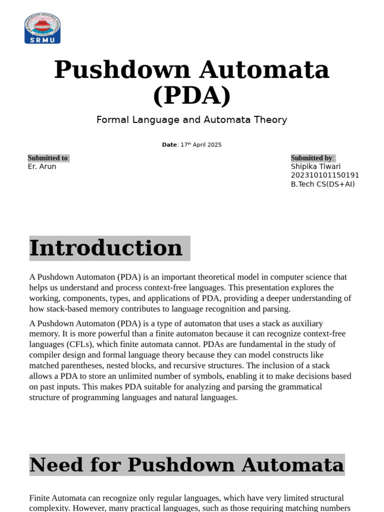 Pushdown Automata | PDF | Automata Theory | Parsing
