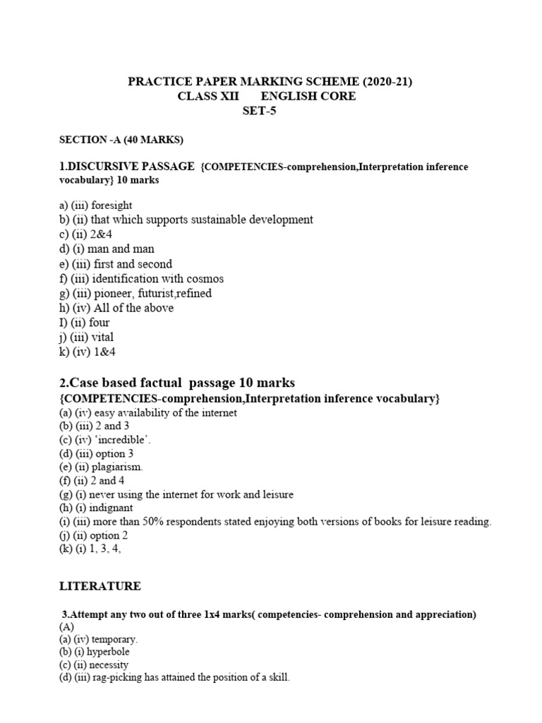 Class XII English Core Marking Scheme | PDF