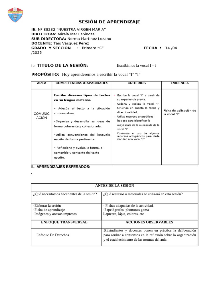 SESION COM . ESCRIBE LA VOCAL I | PDF | Salón de clases | Aprendizaje