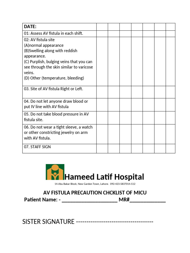 AV Fistula Ultrasound Checklist | PDF