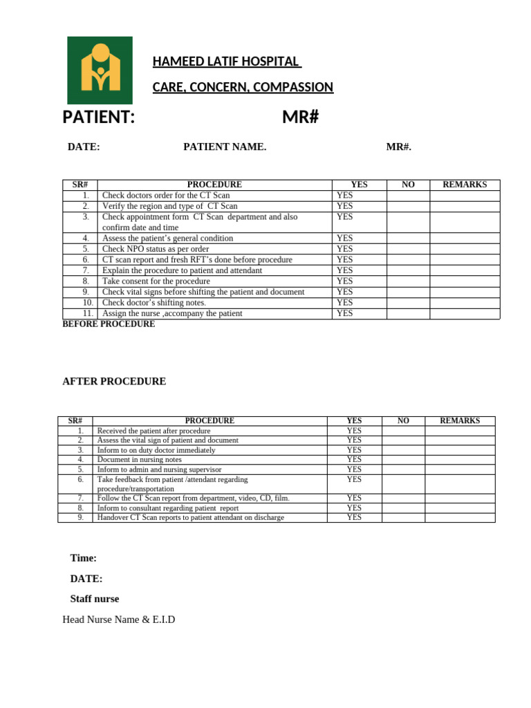 CT Scan Procedure Checklist | PDF